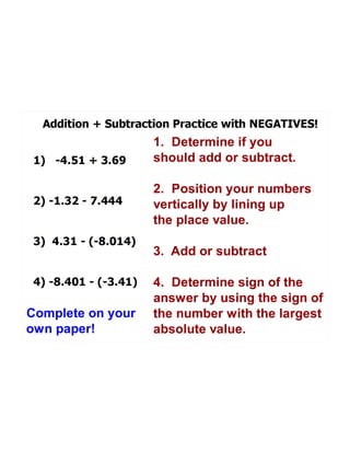 Add and subtract negative decimals | PDF