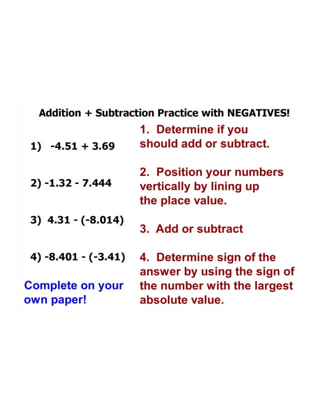 Add and subtract negative decimals | PDF