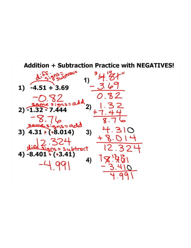 Add and subtract negative decimals | PDF