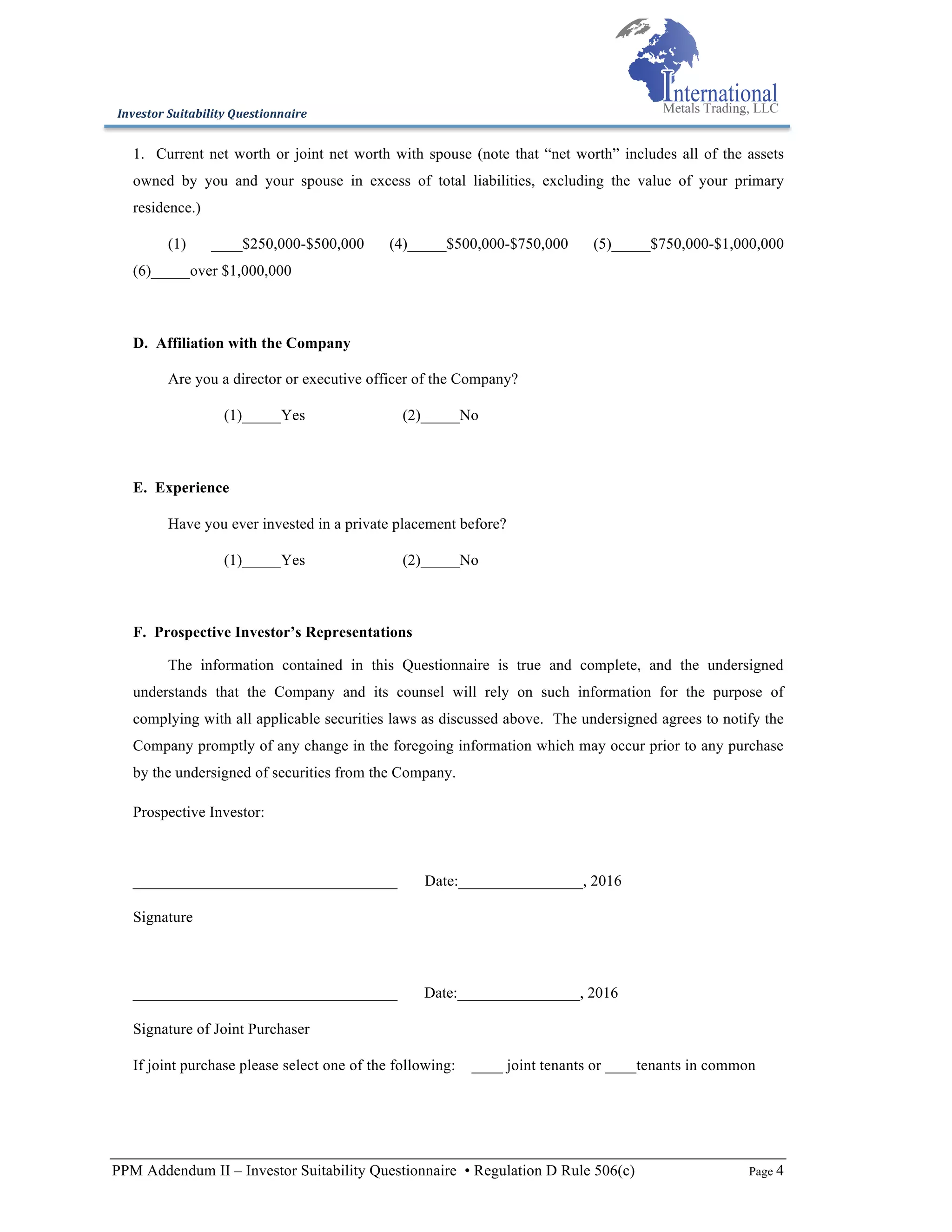 Investor Suitability Questionnaire (Required) | PDF