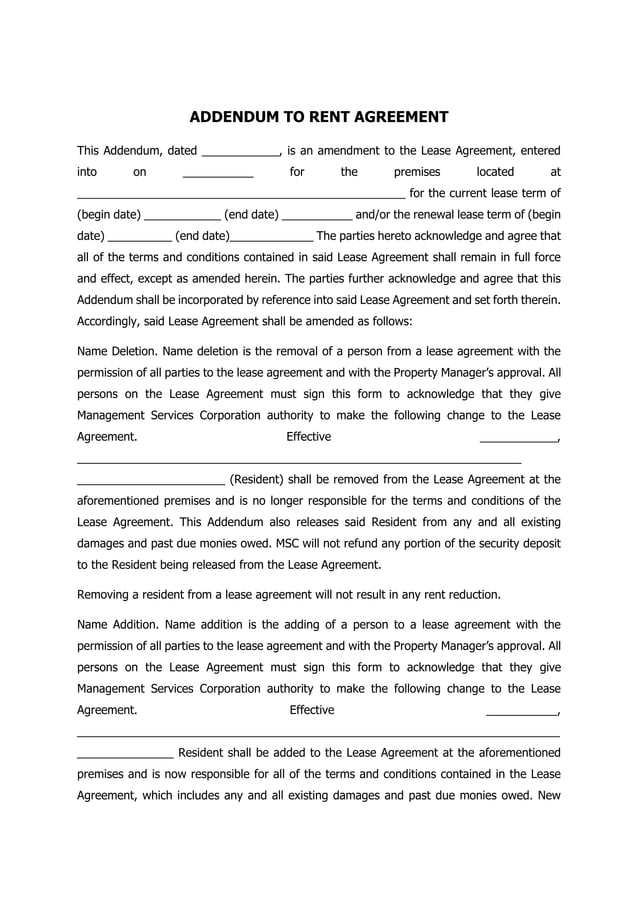 ADDENDUM TO RENT AGREEMENT | PDF