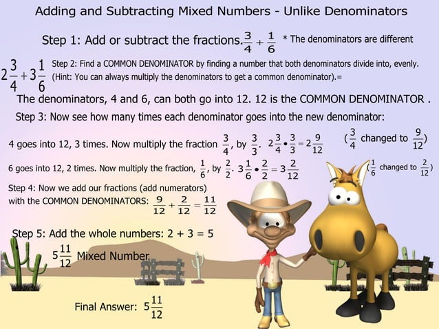 Adding And Subtracting Mixed Numbers Unlike Denominators | PPT