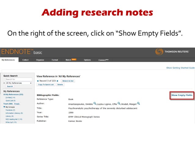 Adding research notes to a reference in EndNote Web | PPT