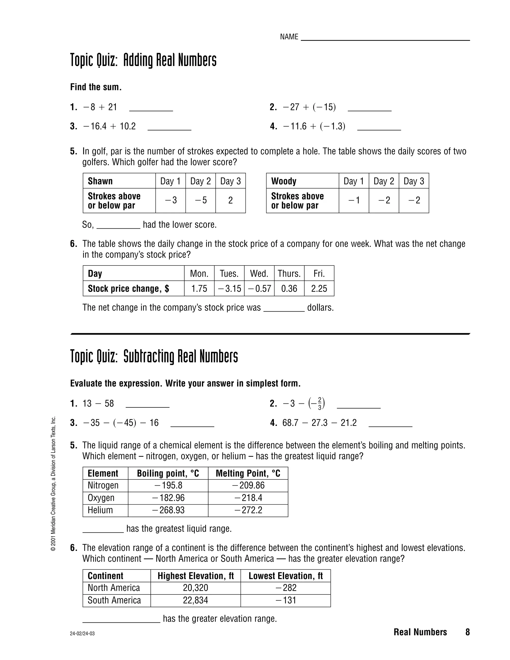 Adding and sub real number quiz | PDF