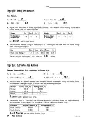 Adding and sub real number quiz | PDF