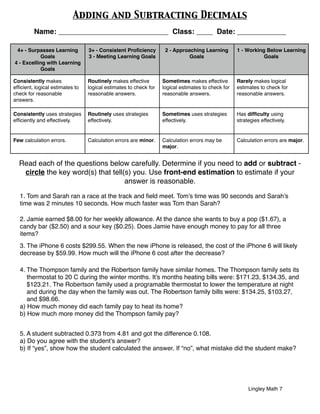 Adding and subtracting decimals word problems | PDF