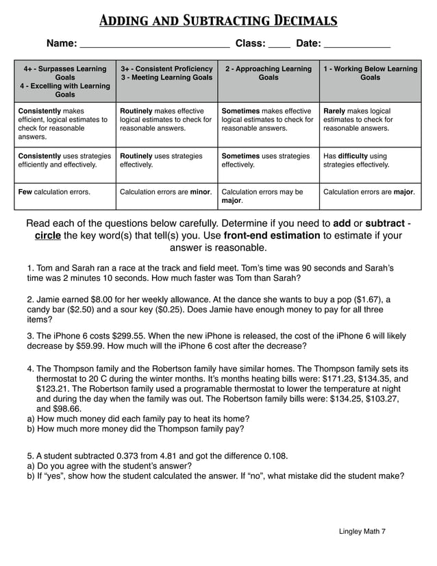 Adding and subtracting decimals word problems | PDF | Homework and ...