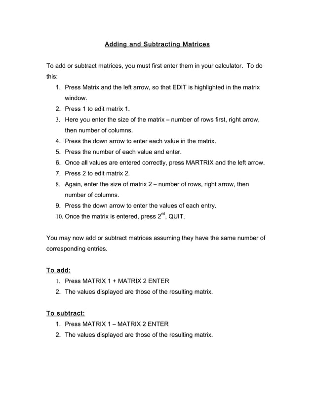 Adding And Subtracting Matrices Pdf