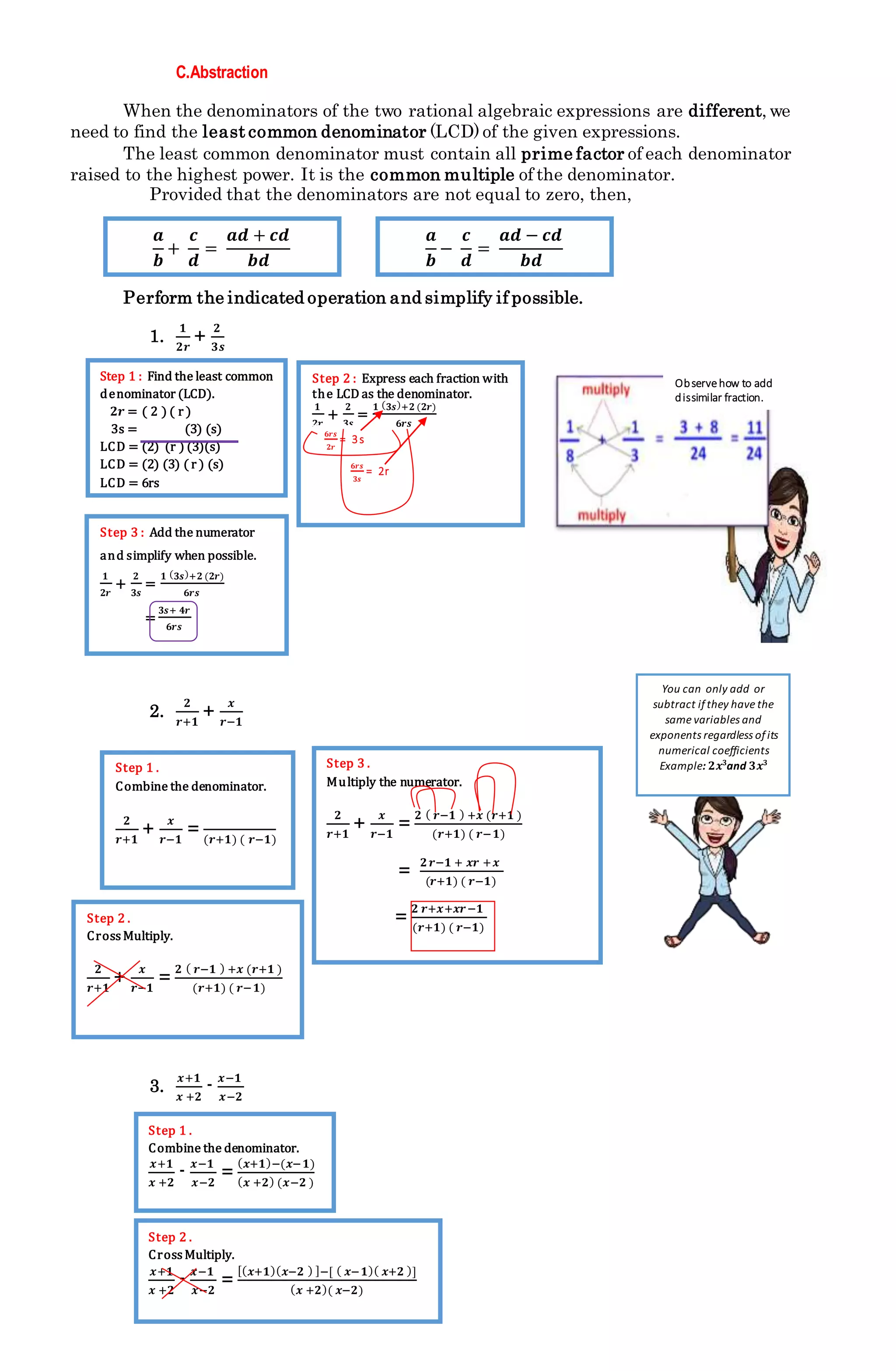 Adding and subtracting rational expressions with different denominator ...