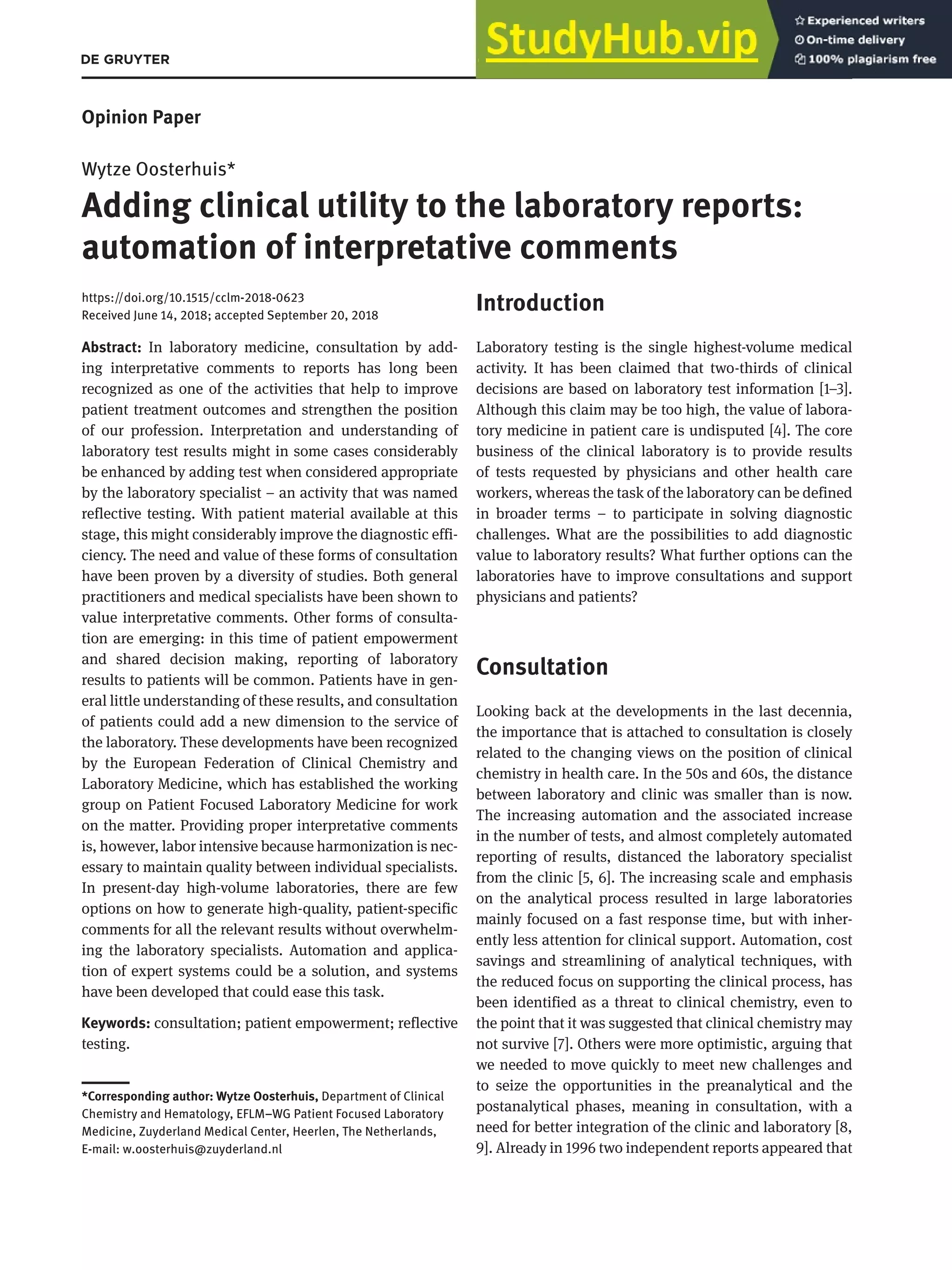 Adding Clinical Utility To The Laboratory Reports Automation Of Interpretative Comments | PDF