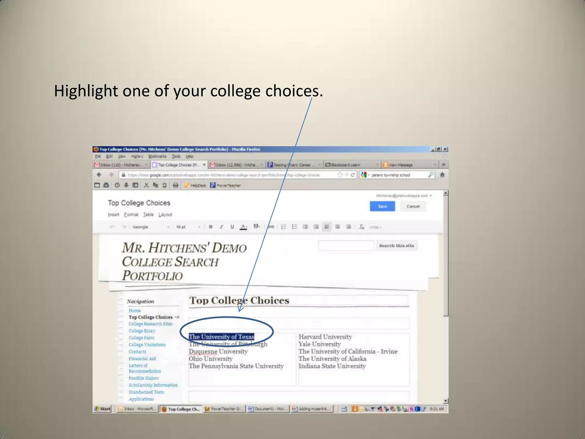 Adding hyperlinks top college choices | PPTX