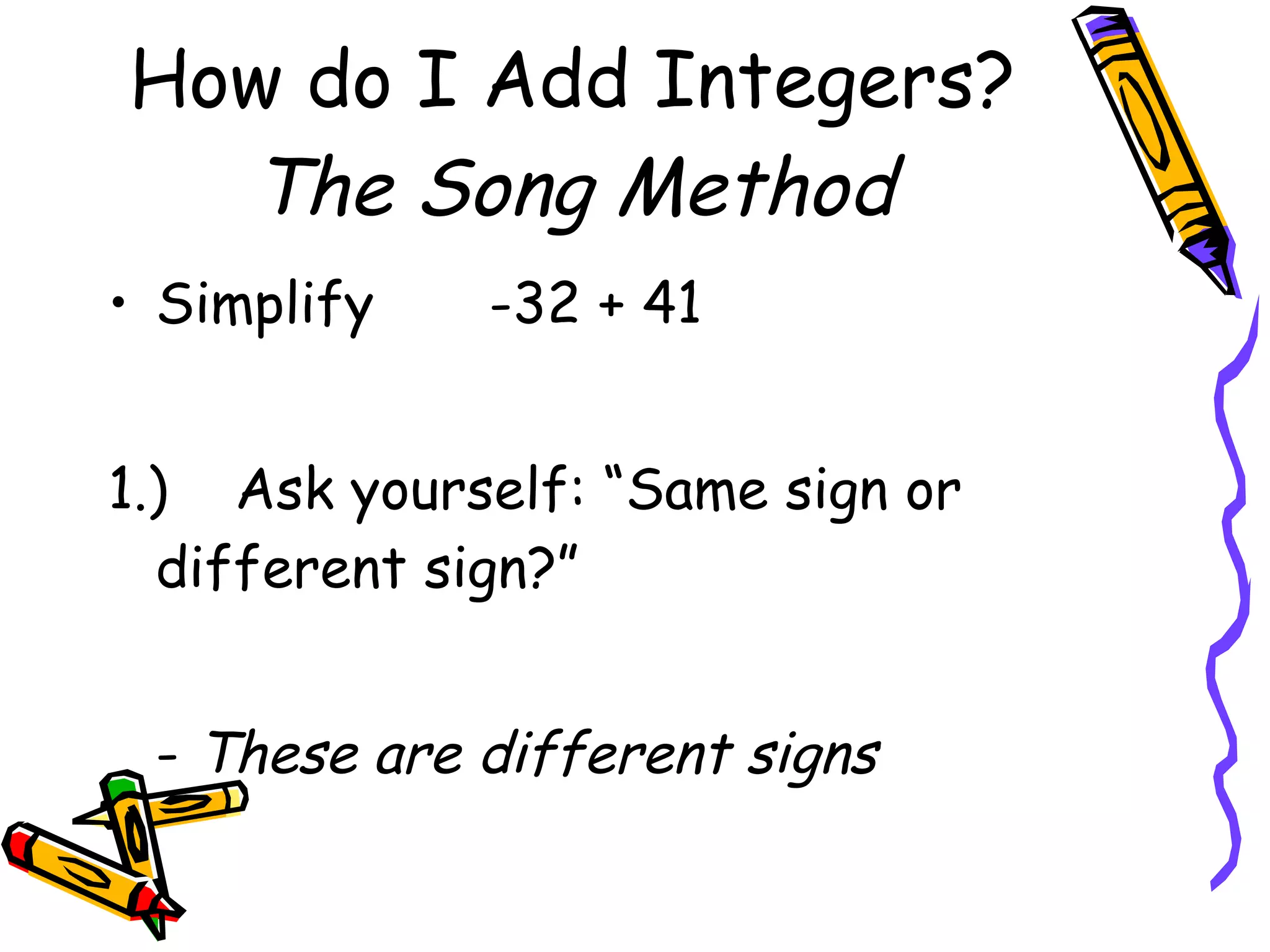 Adding Integers Notes - Song Method | PPT