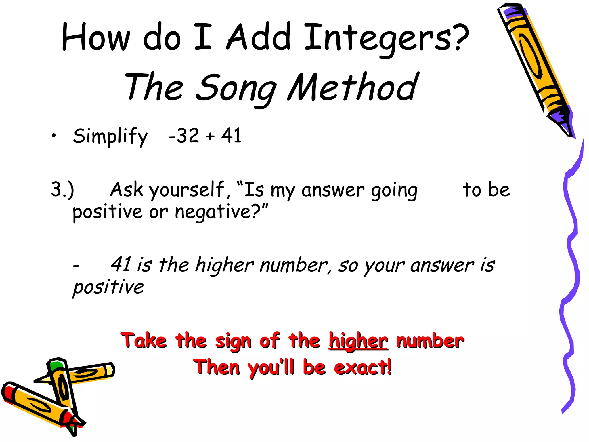 Adding Integers Notes - Song Method | PPT