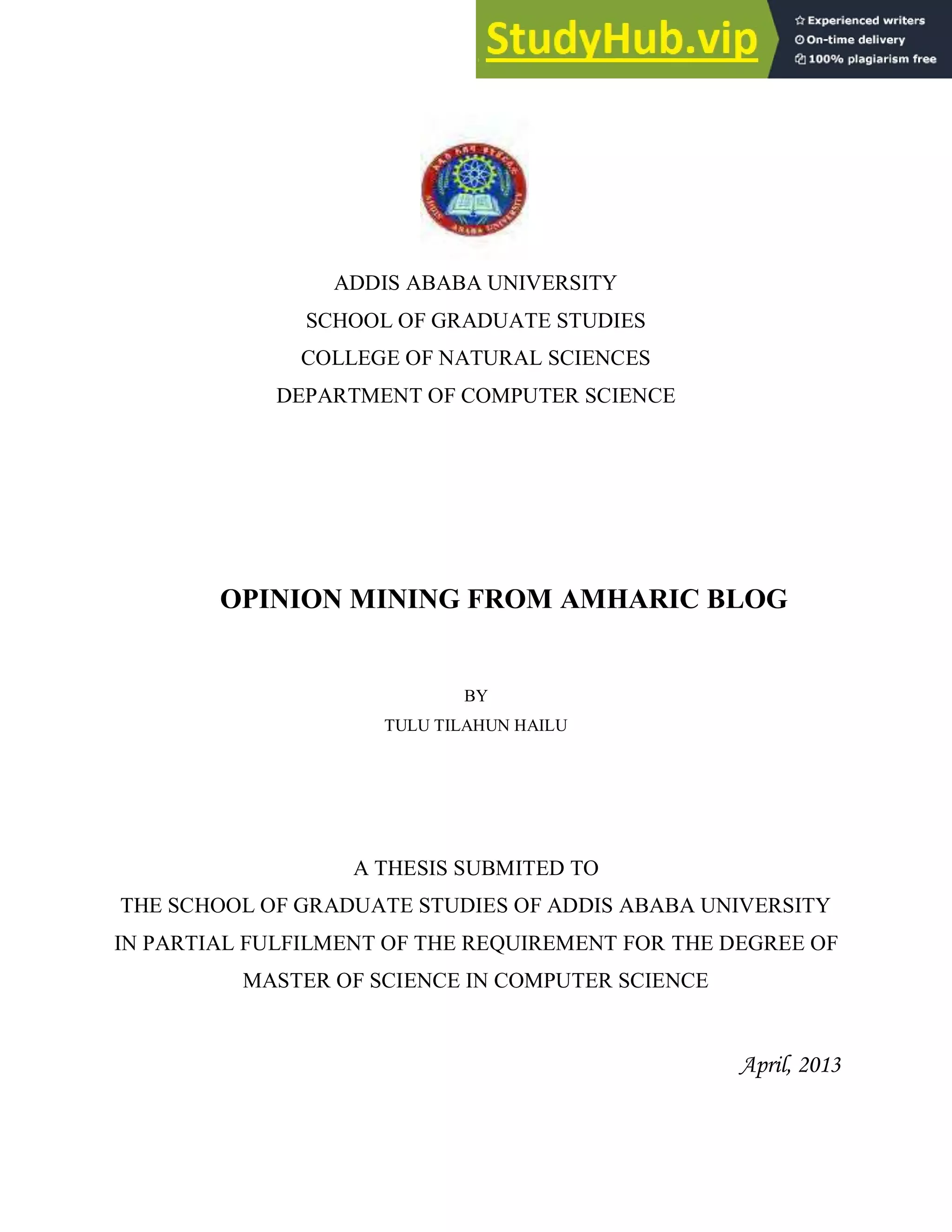 Addis Ababa University School Of Graduate Studies College Of Natural Sciences Department Of ...