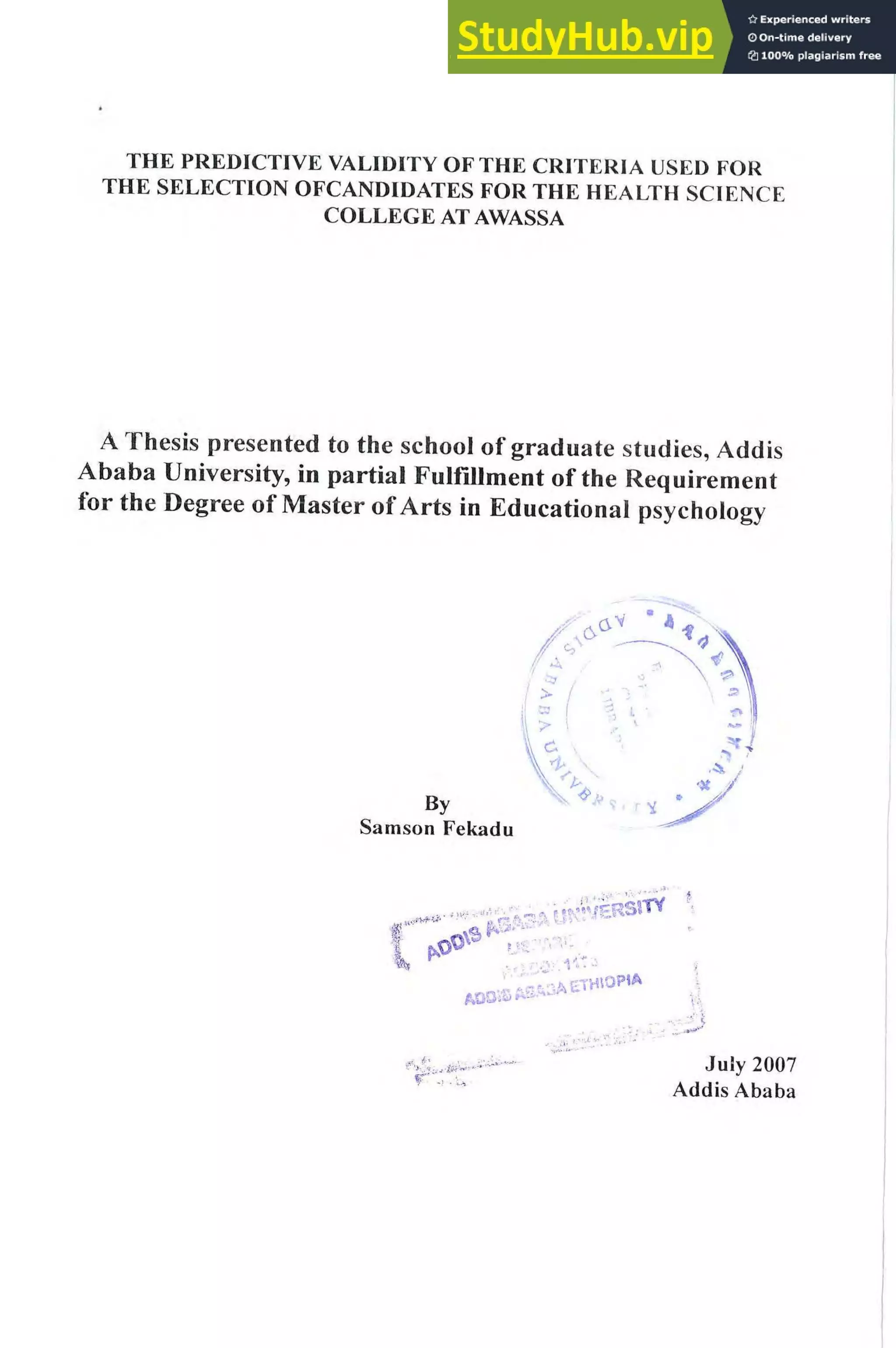 Addis Ababa University School Of Graduate Studies Department Of Psychology | PDF