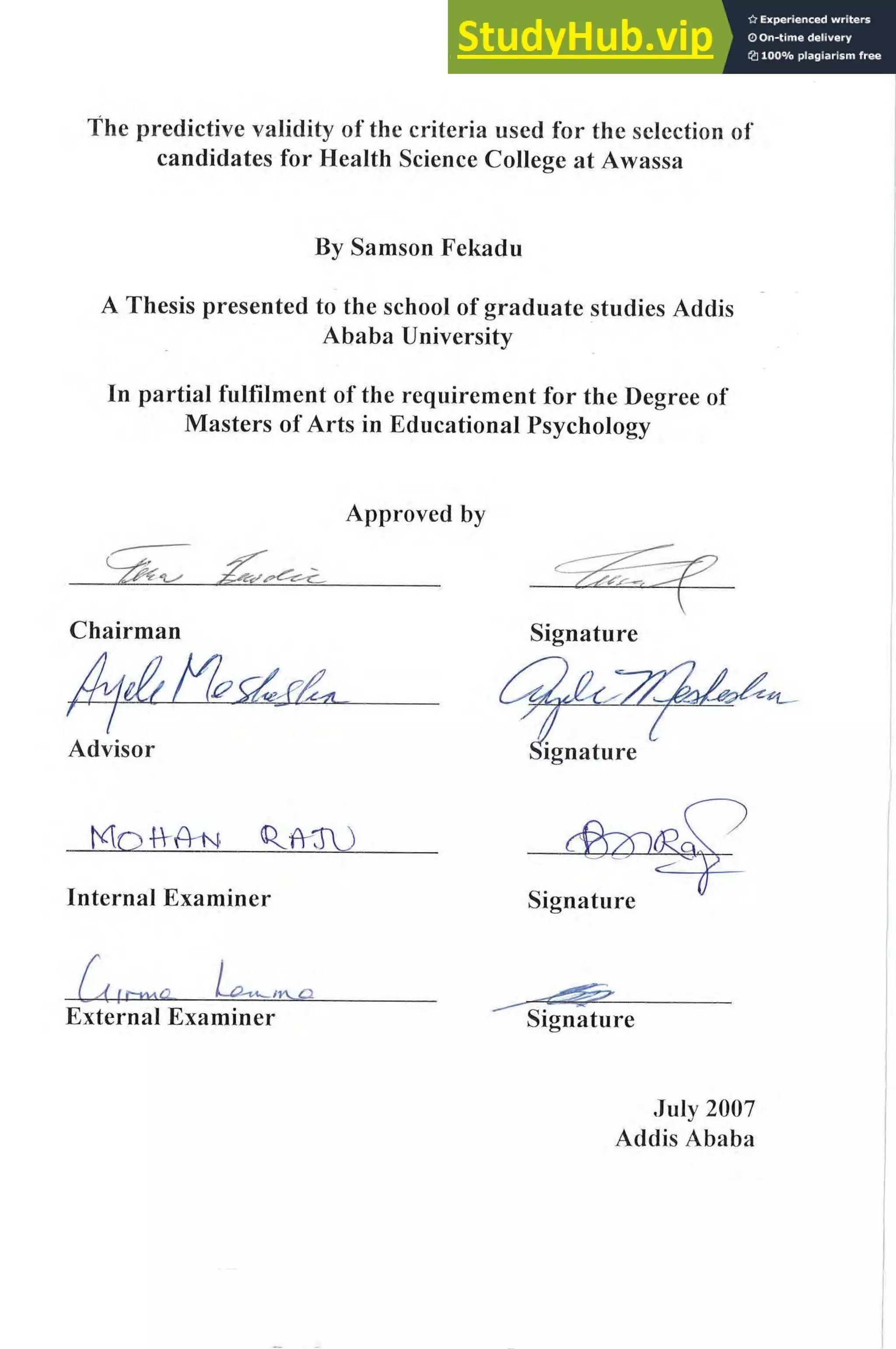 Addis Ababa University School Of Graduate Studies Department Of ...