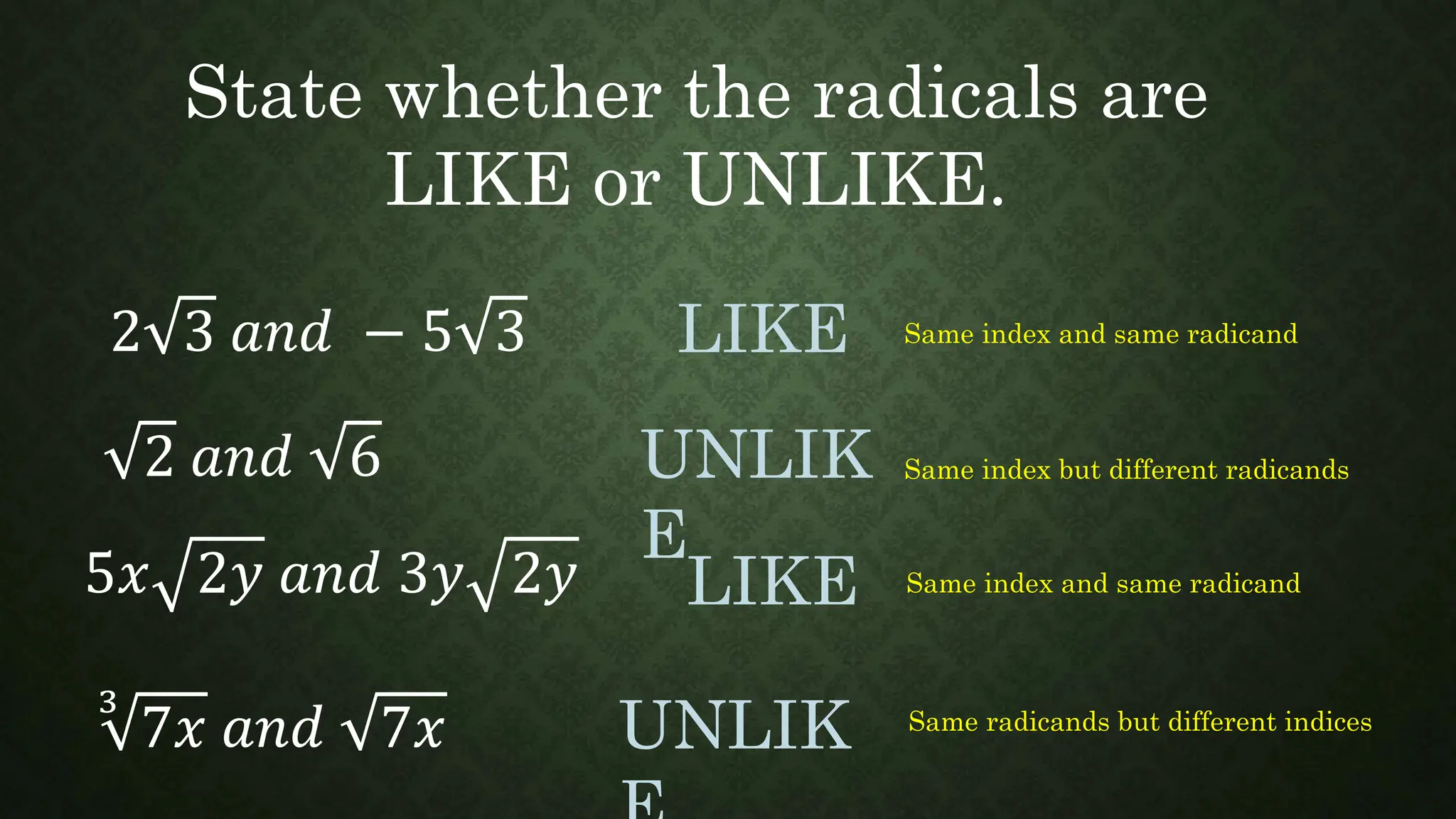 Addition And Subtraction Of Radicals Pptx Science