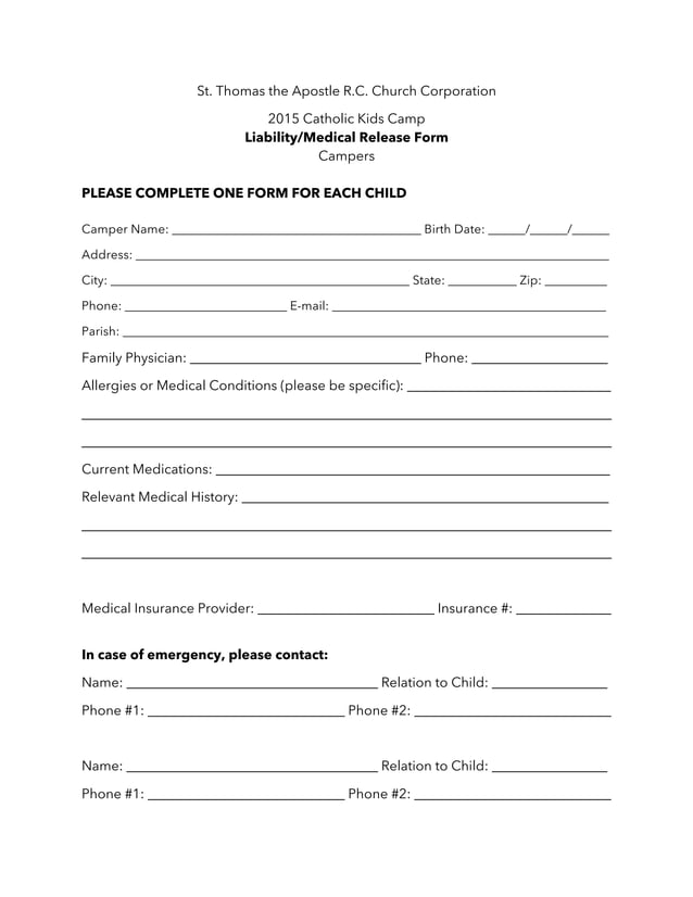 Additional camper liability medical release form | PDF | First Aid ...