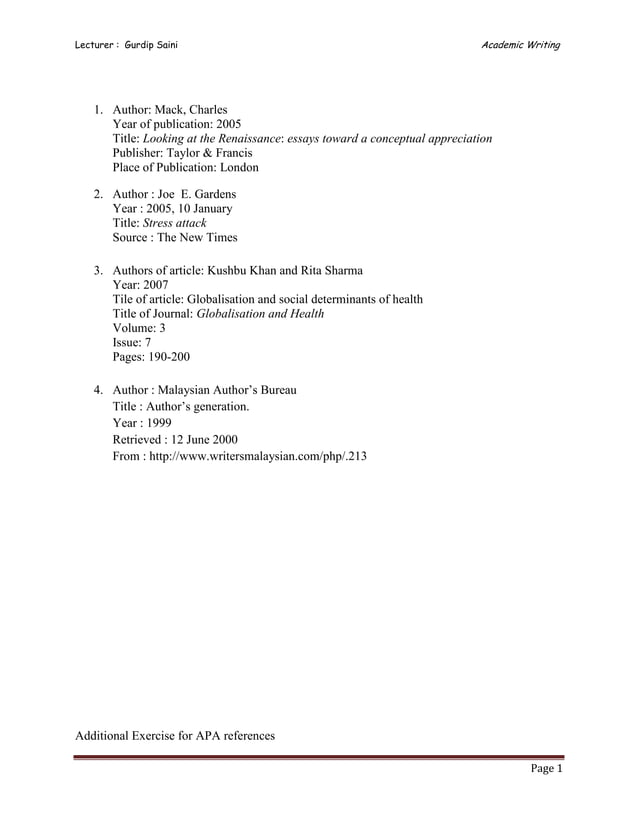 Additional exercise for apa references | PDF