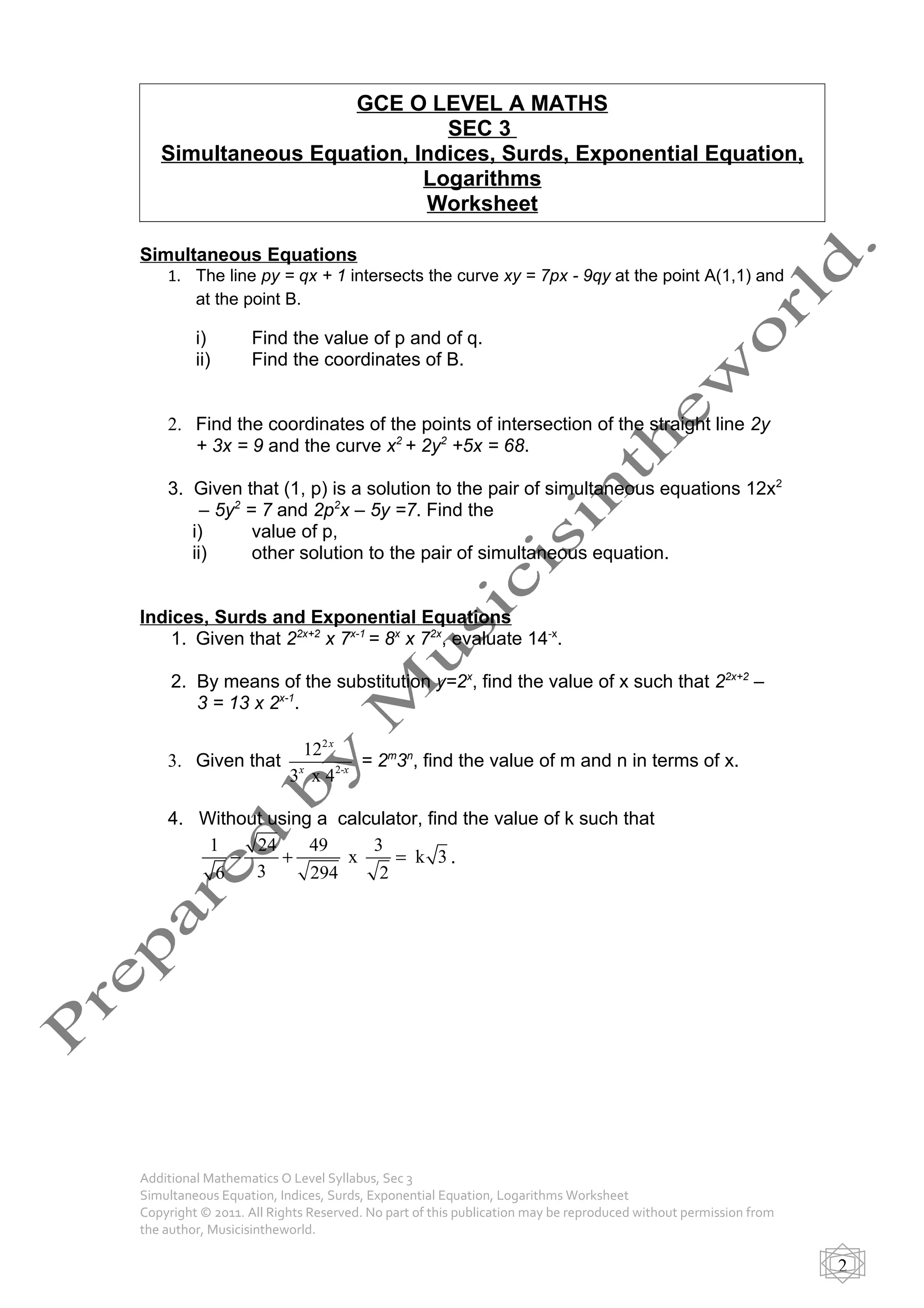O Level A Maths Sec 3 Syallbus 2011 Simultaneous Equation, Indices ...
