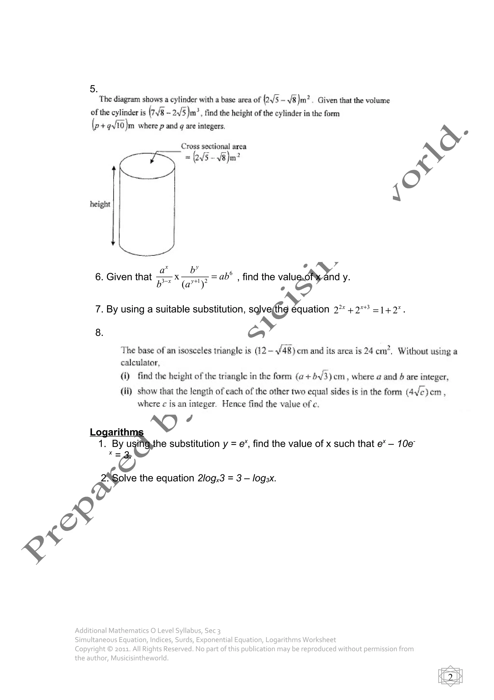 O Level A Maths Sec 3 Syallbus 2011 Simultaneous Equation, Indices ...