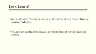 Addition and subtraction of radicals | PPTX