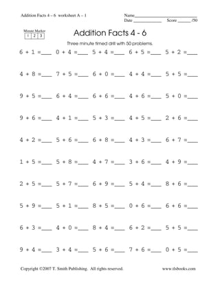 Addition fluency drill math facts | PDF