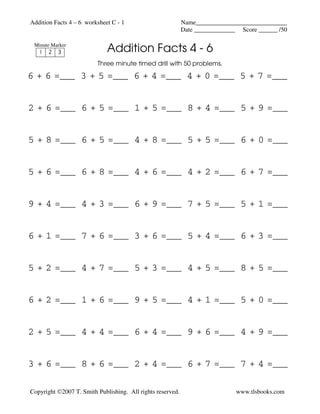 Addition fluency drill math facts | PDF