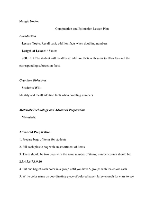 Addition lesson plan | DOC | Educational Assessment | Education