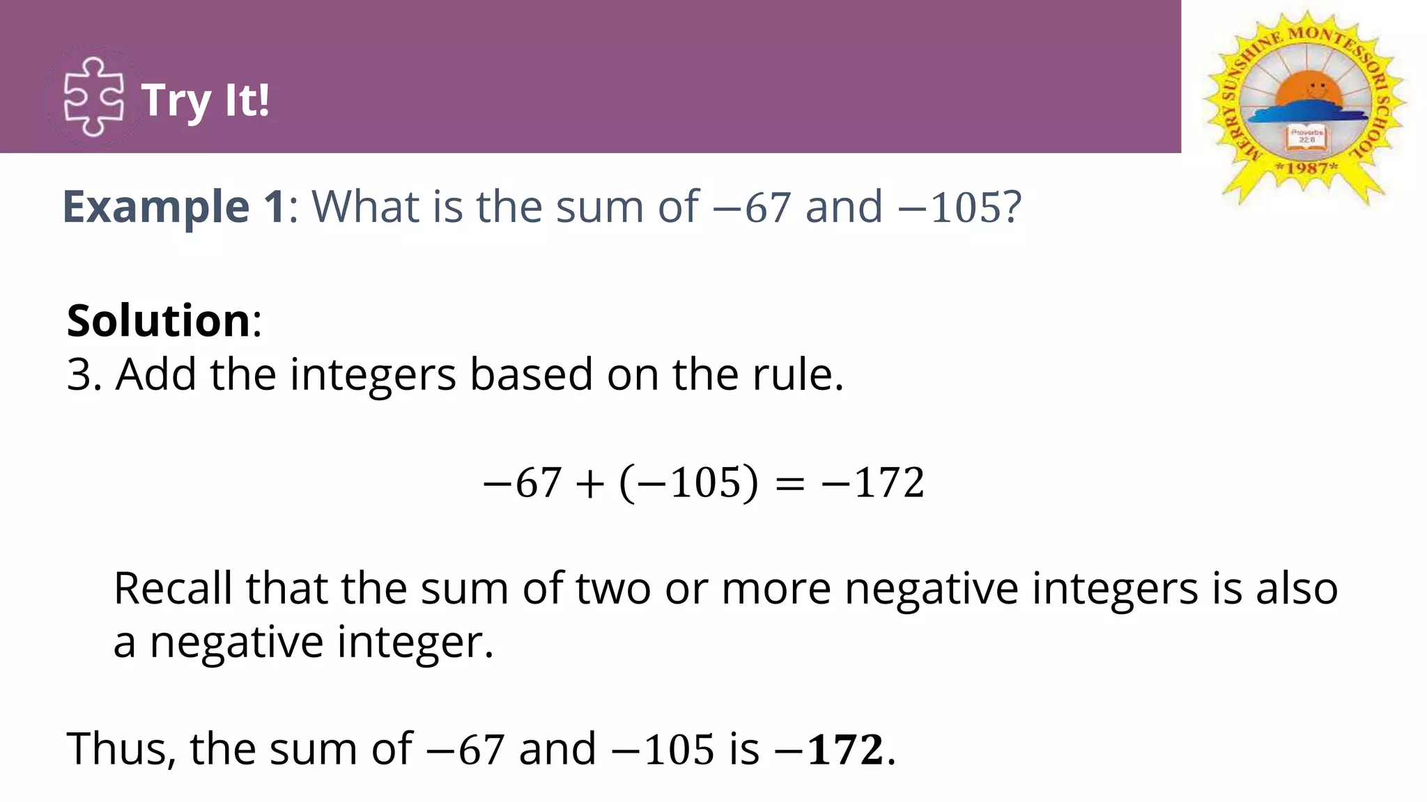 Addition of integers Grade 6 | PPTX