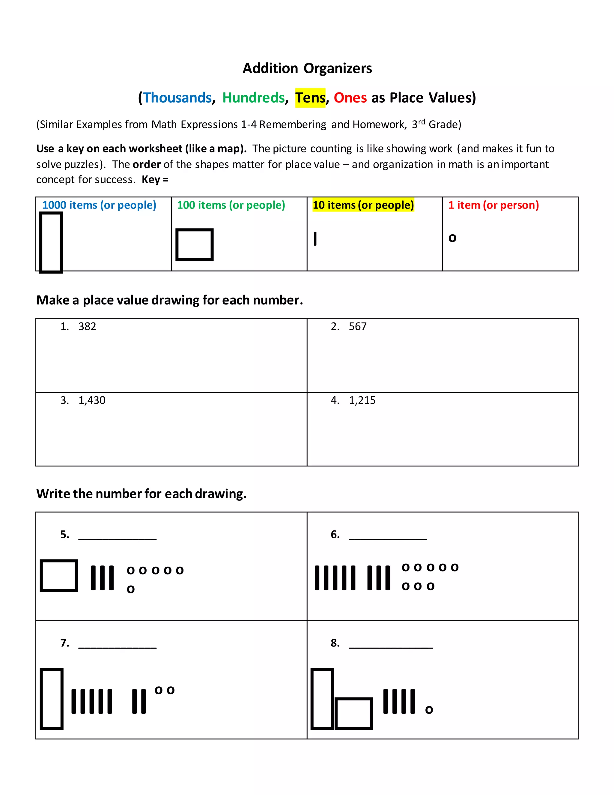 Addition organizers with place values for ones to thousands | PDF