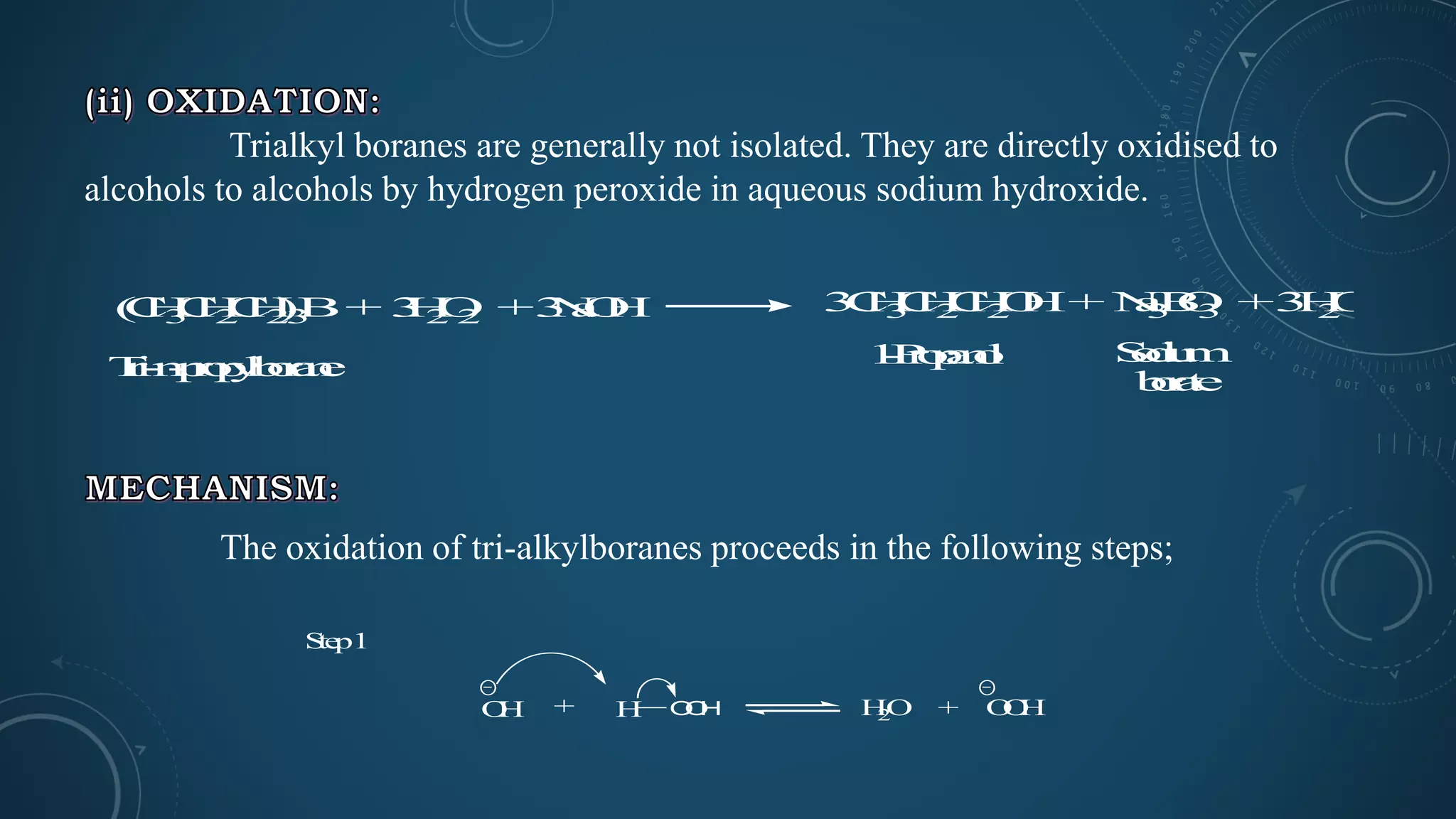 Hydroboration-oxidation, Addition with alkenes like Hydroxylation, Hypo ...