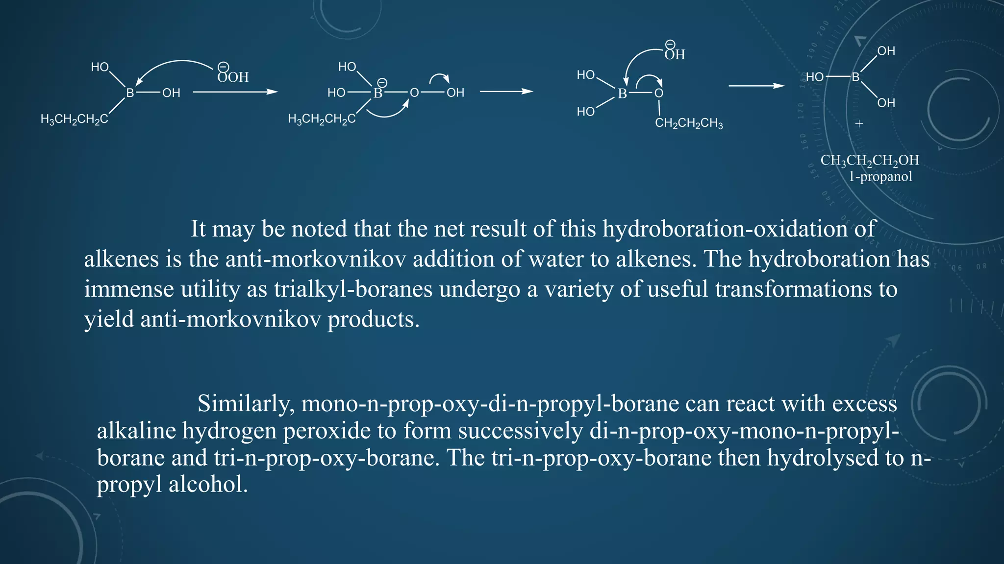 Hydroboration-oxidation, Addition with alkenes like Hydroxylation, Hypo ...