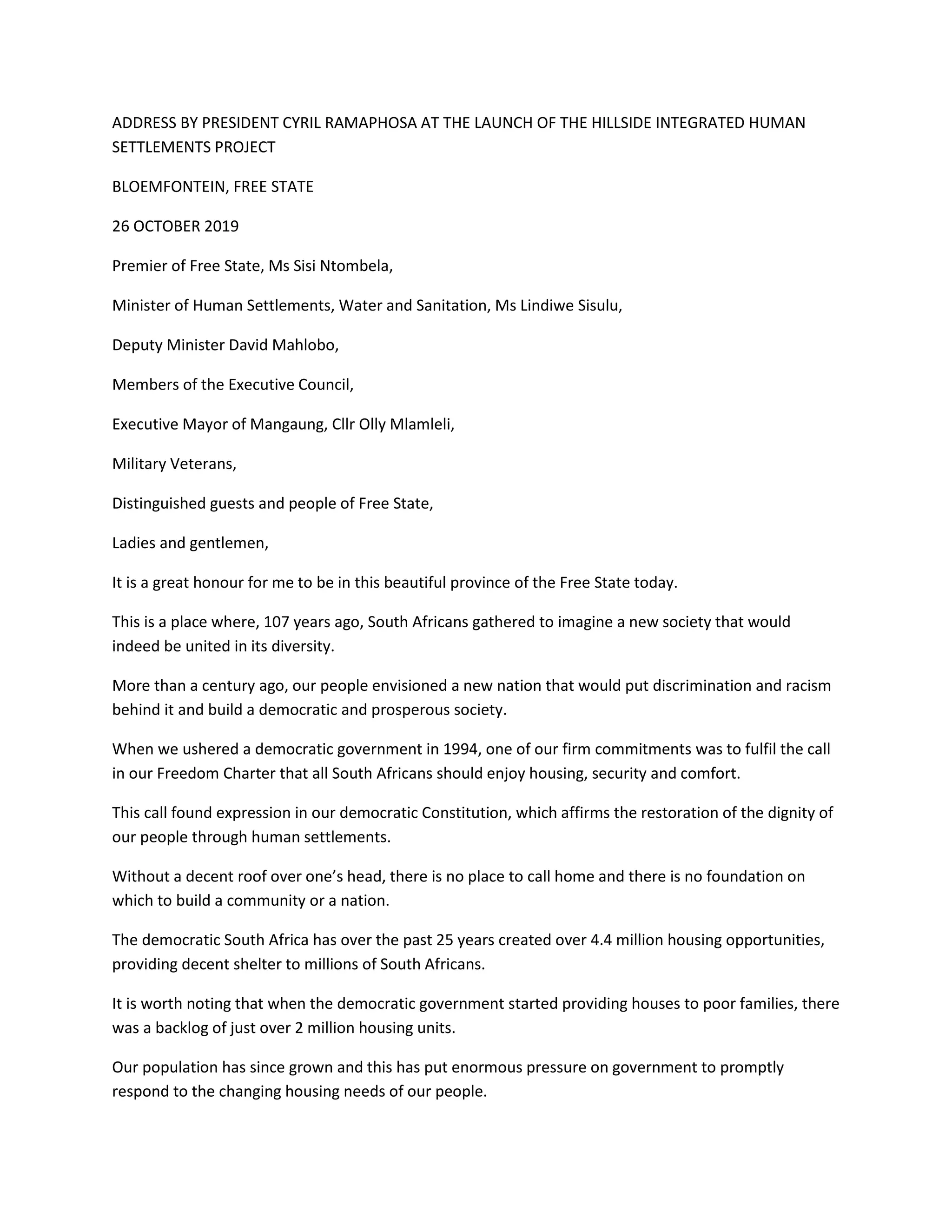 Address by President Cyril Ramaphosa at the launch of the Hillside ...
