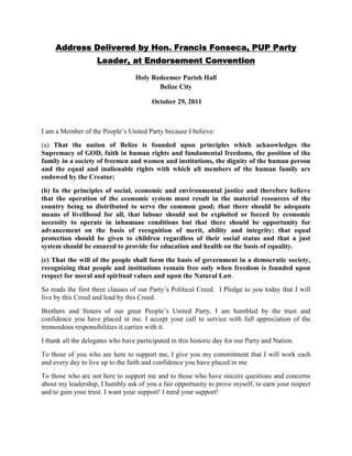 Address by PUP Party Leader Hon Francis Fonseca at the PUP Endorsement ...