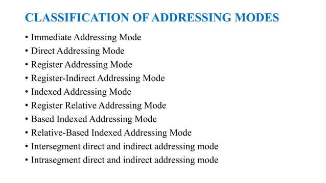 Addressing modes of 8086 | PPTX | Data Storage and Warehousing | Computing