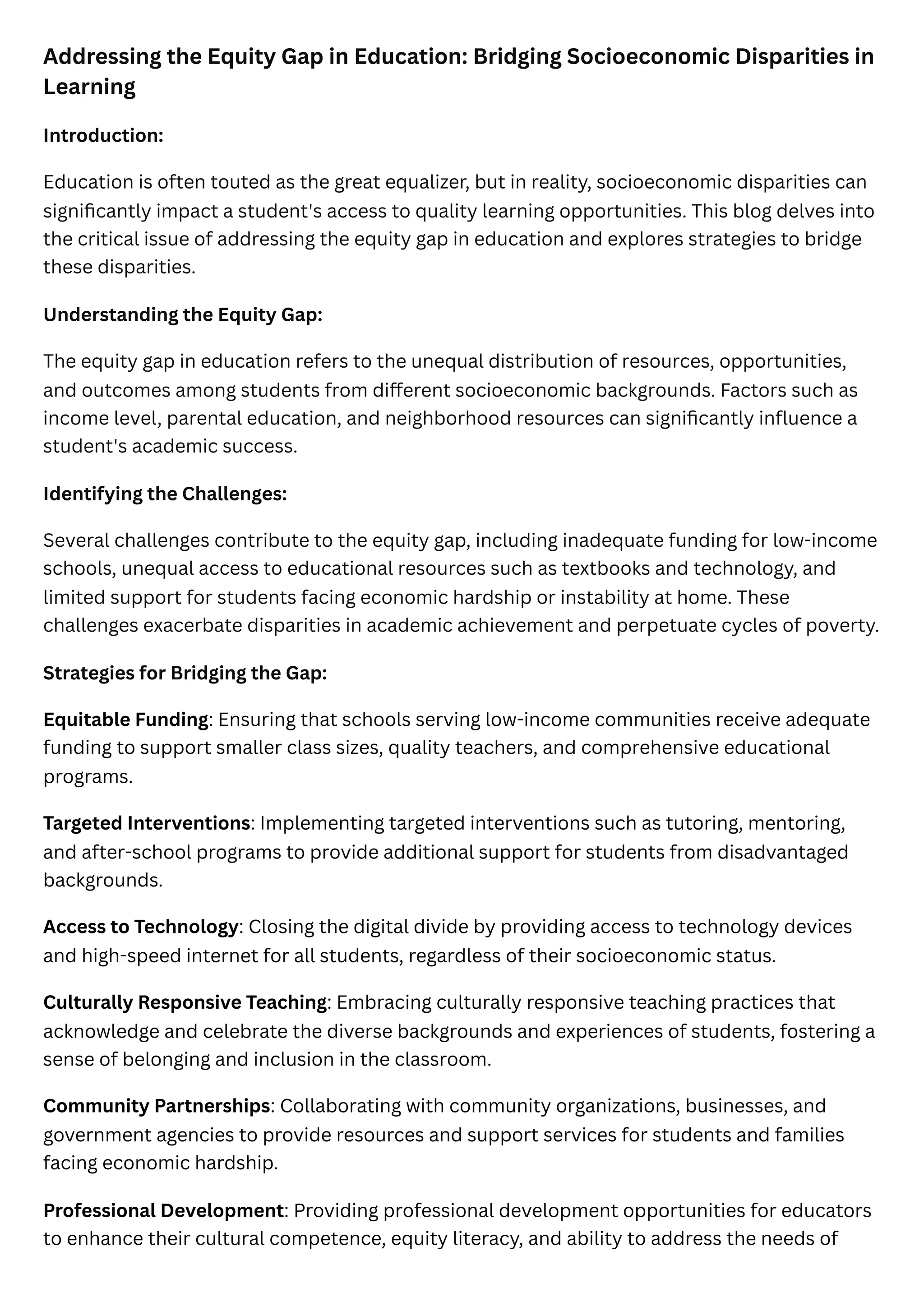 Addressing the Equity Gap in Education Bridging Socioeconomic ...