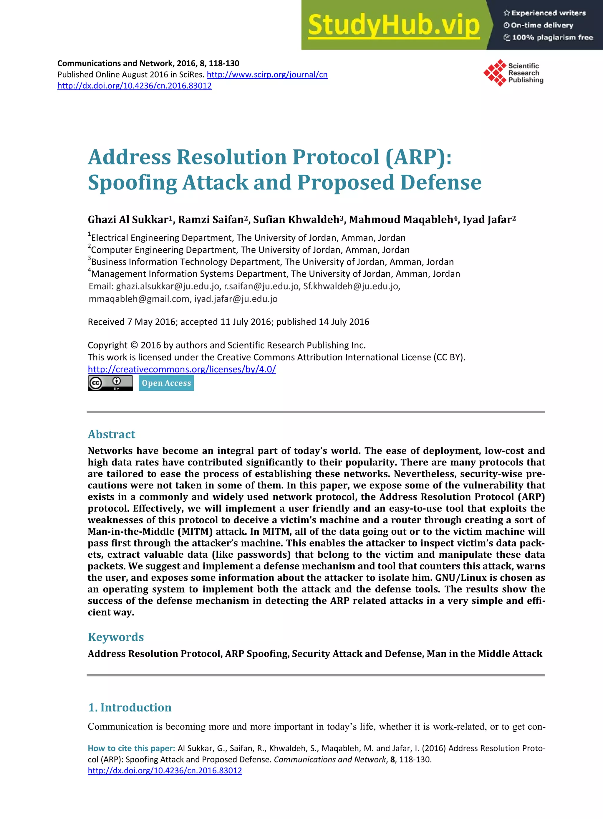 Address Resolution Protocol (ARP) Spoofing Attack And Proposed Defense | PDF