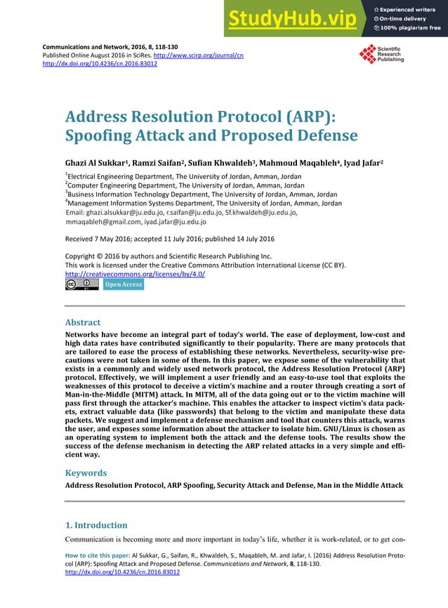 Address Resolution Protocol (ARP) Spoofing Attack And Proposed Defense | PDF