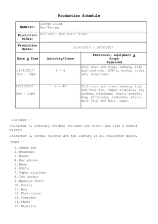 Music Video, Pre-Production Paper Work | DOCX