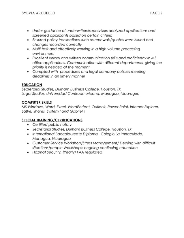SYLVIA E ARGUELLO Resume | DOC