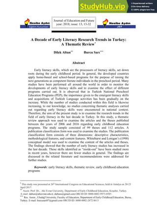 A Decade Of Early Literacy Research Trends In Turkey A Thematic Review ...