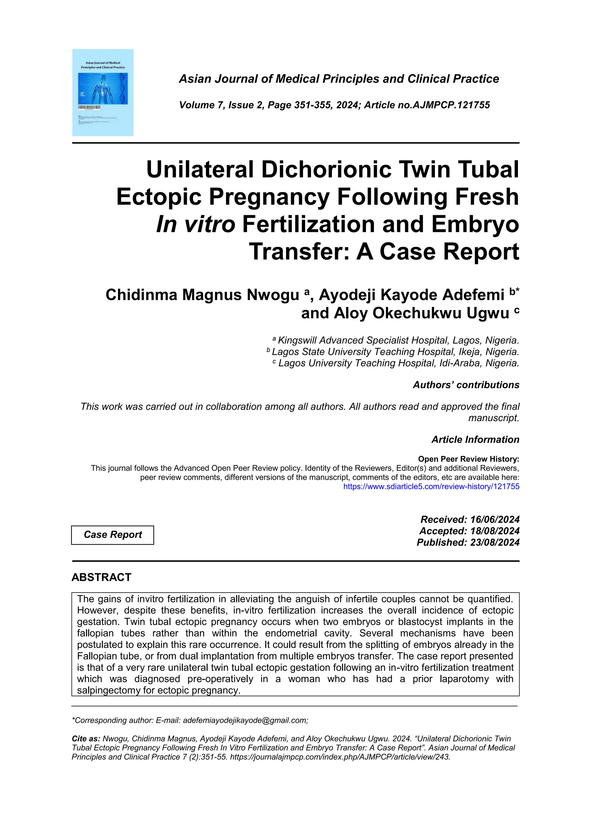 Unilateral Dichorionic Twin Tubal Ectopic Pregnancy Following Fresh In ...