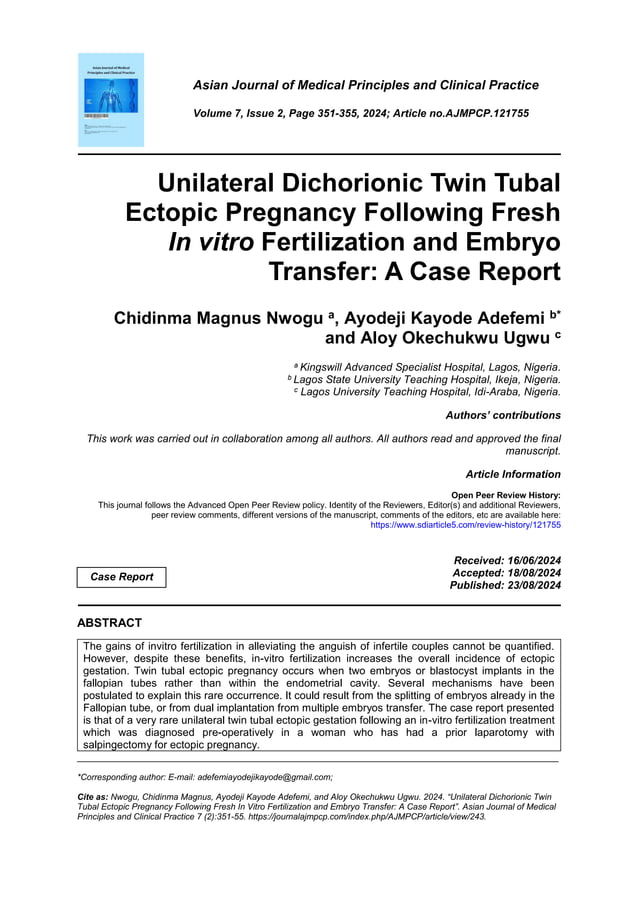 Unilateral Dichorionic Twin Tubal Ectopic Pregnancy Following Fresh In ...
