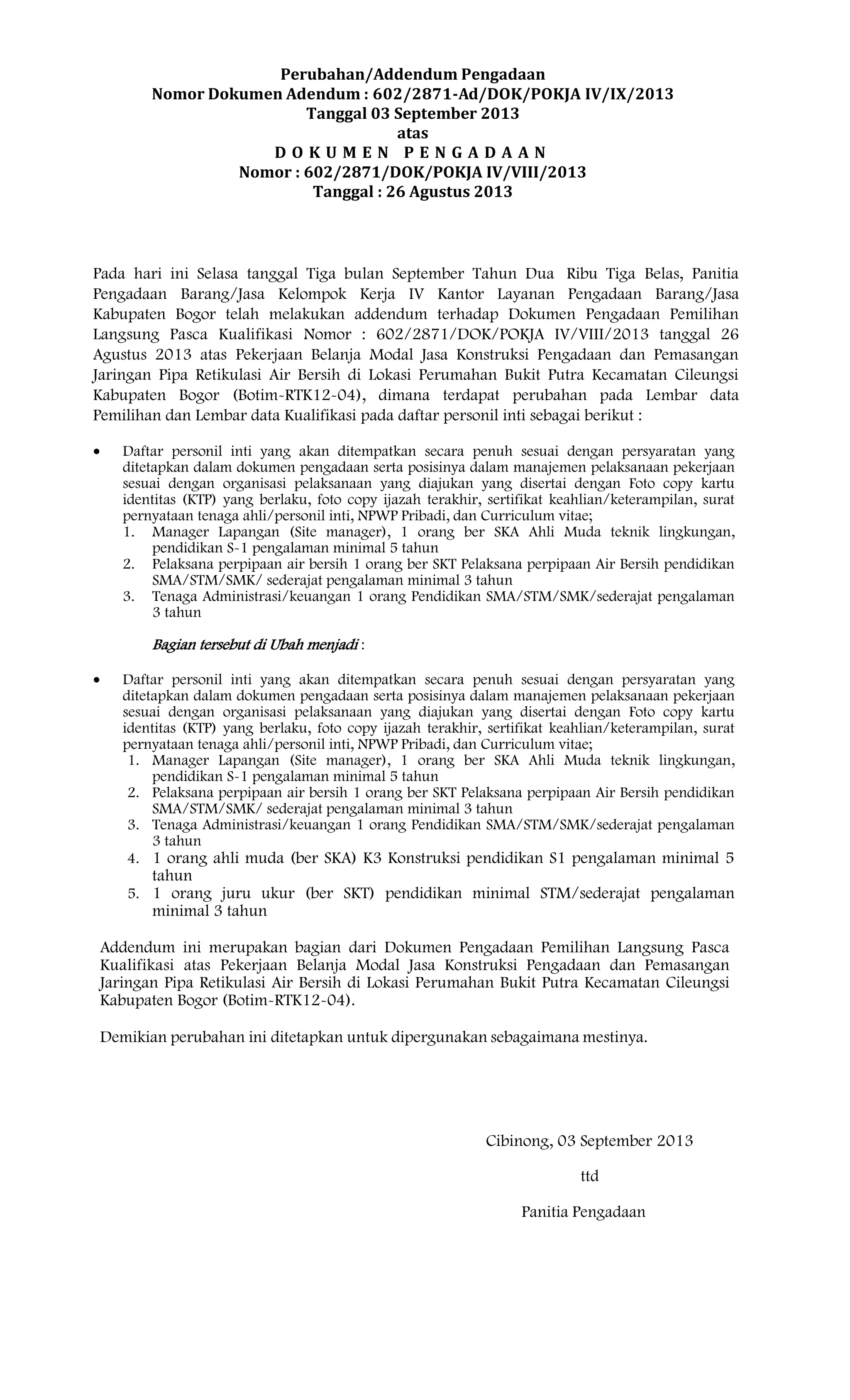 Contoh Adendum dokumen Pengadaan KLPBJ BOGOR KAB 2013 | PDF