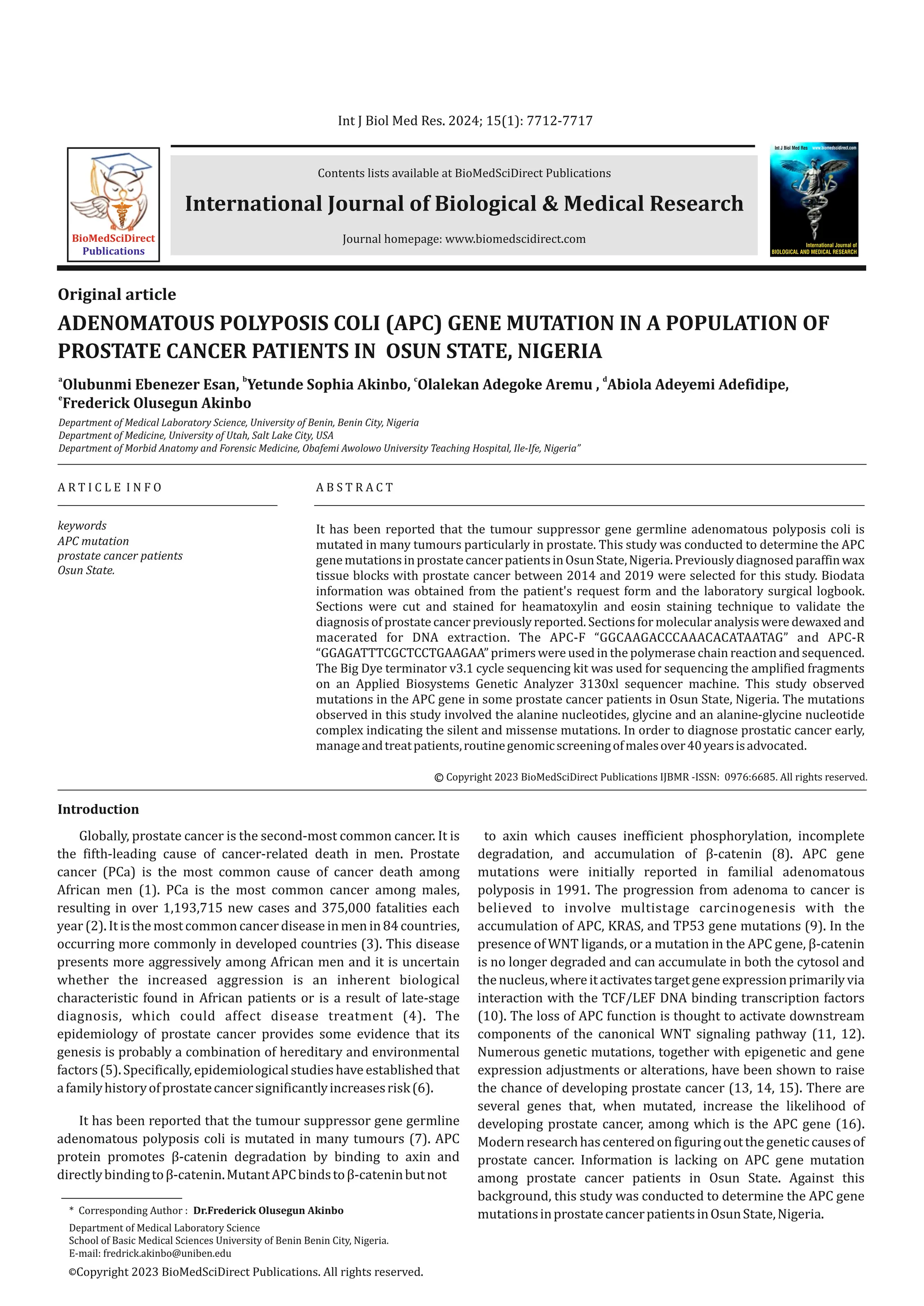Adenomatous polyposis coli (apc) gene mutation in a population of ...