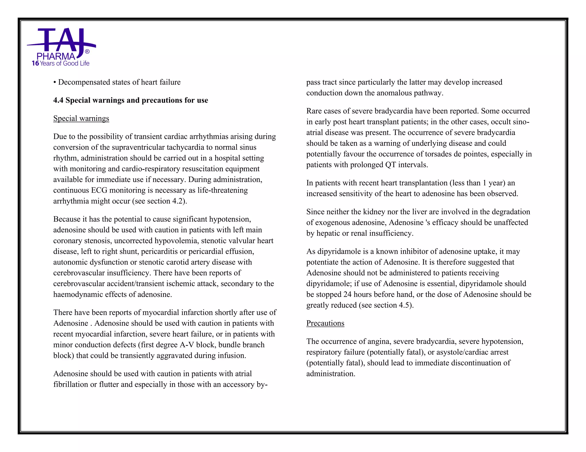 Adenosine Injection USP Taj Pharma SmPC | PDF