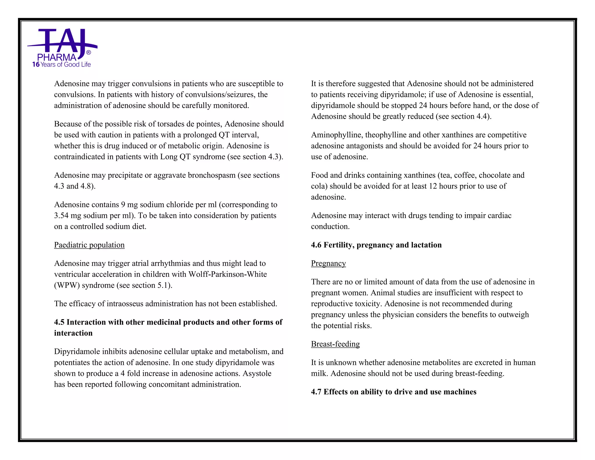 Adenosine Injection USP Taj Pharma SmPC | PDF