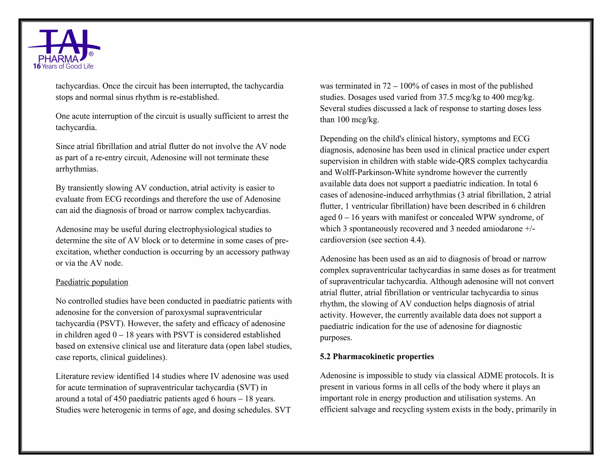 Adenosine Injection USP Taj Pharma SmPC | PDF
