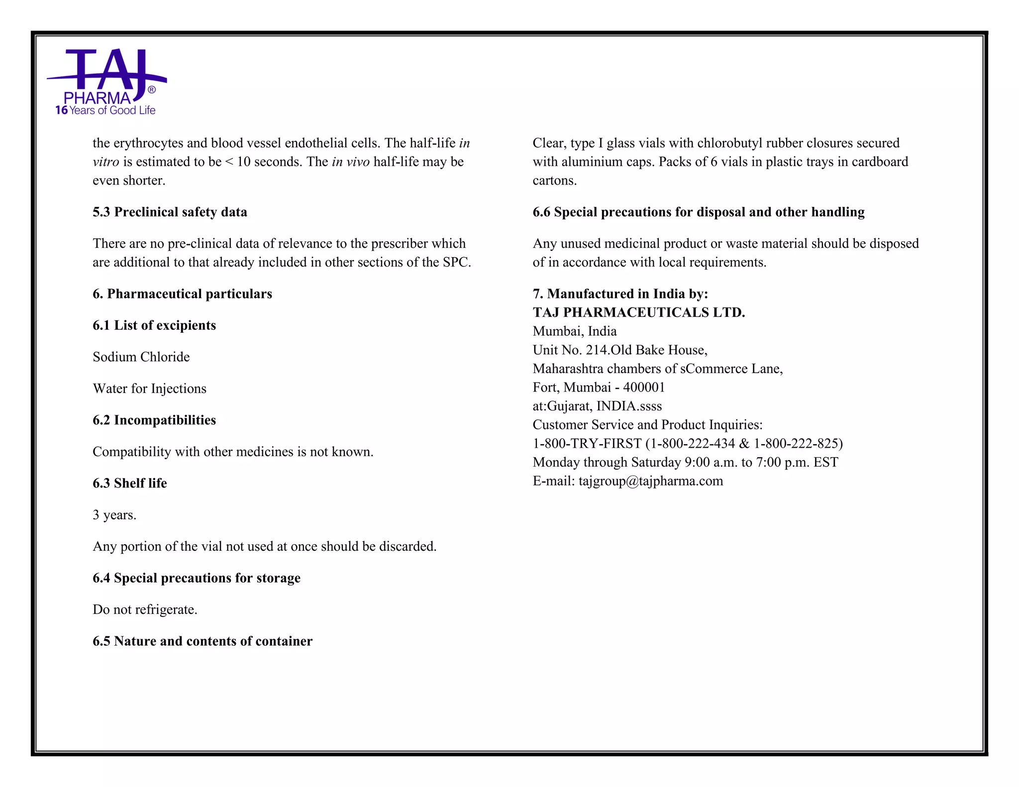 Adenosine Injection USP Taj Pharma SmPC | PDF